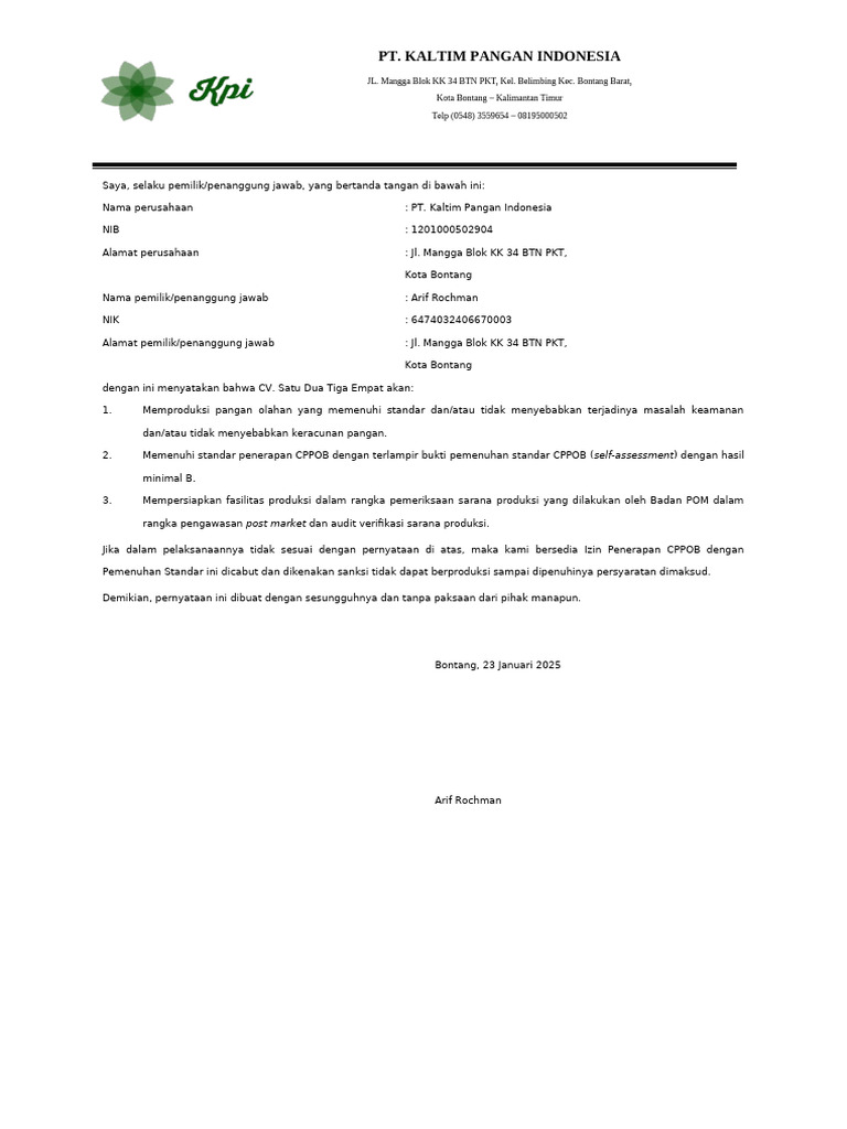 Surat Pemenuhan Standar Penerapan CPPOB | PDF