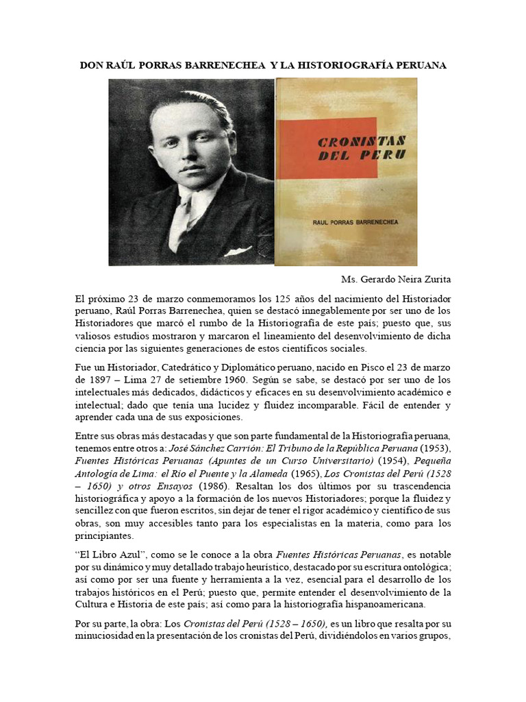 Raúl Porras Barrenechea: Legado Historiográfico | PDF | Perú ...