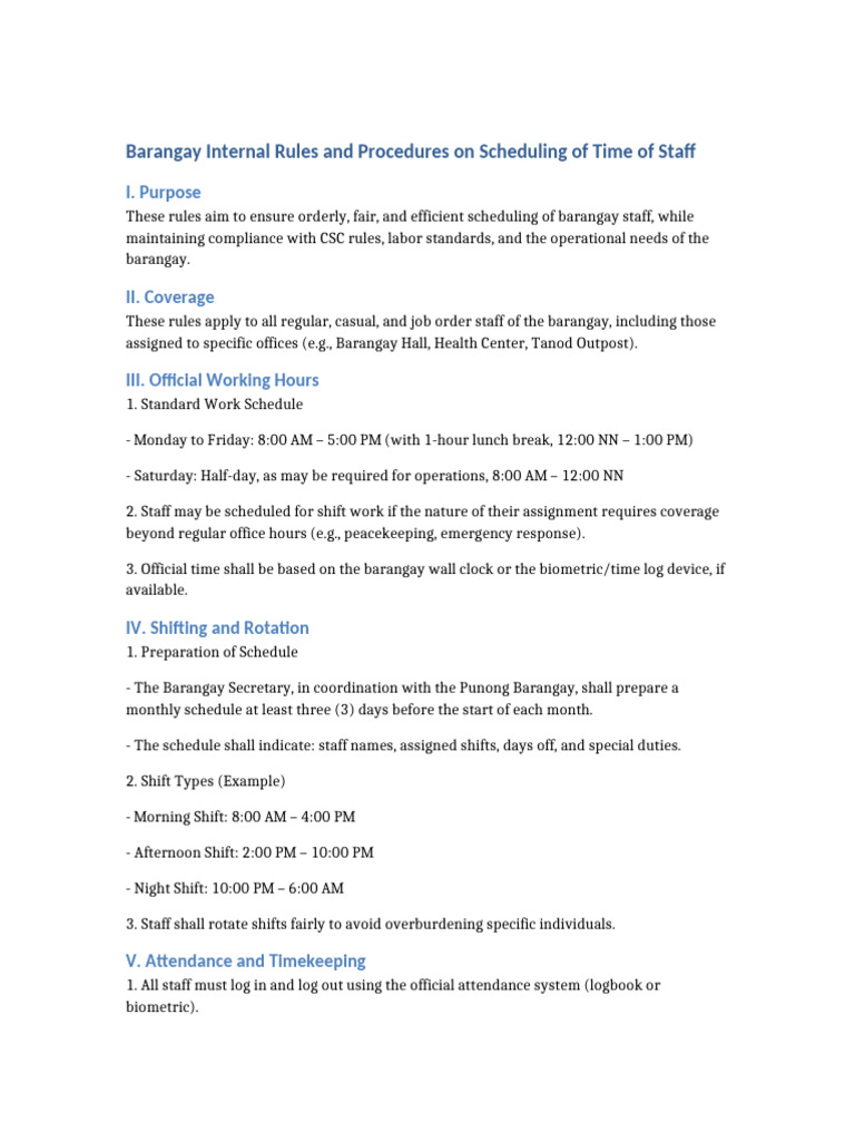 Barangay Internal Rules Scheduling | PDF | Overtime | Business Ethics