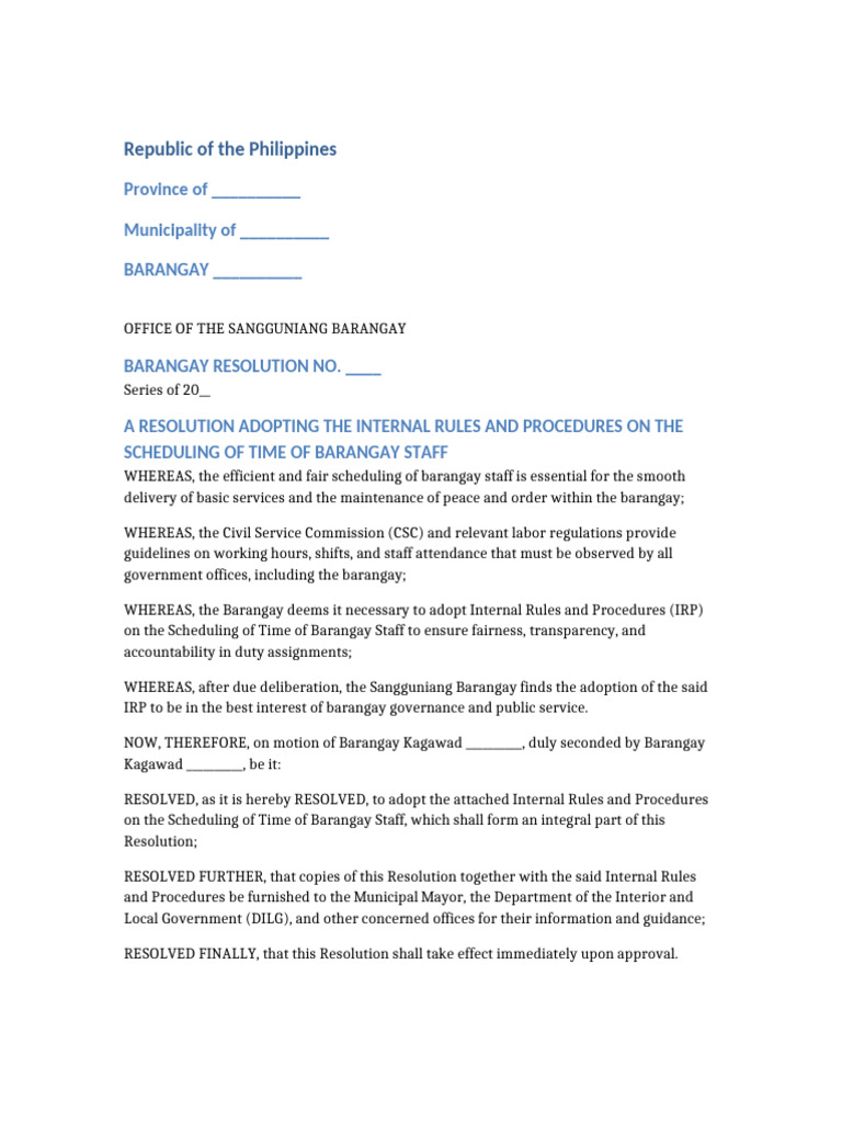 Barangay Resolution Adopting IRP Scheduling | PDF