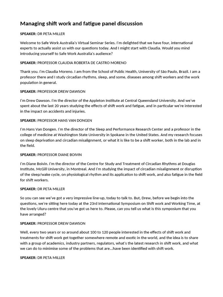 Managing Shift Work and Workplace Fatigue Transcript 1 | PDF | Shift ...