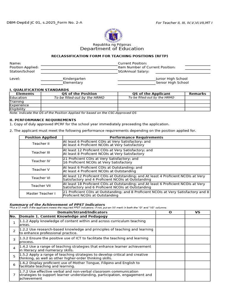 Annex B 1 RFTP DBM Deped JC 01 s.2025 Form No. 2 A v2 | PDF | Educational Assessment | Learning