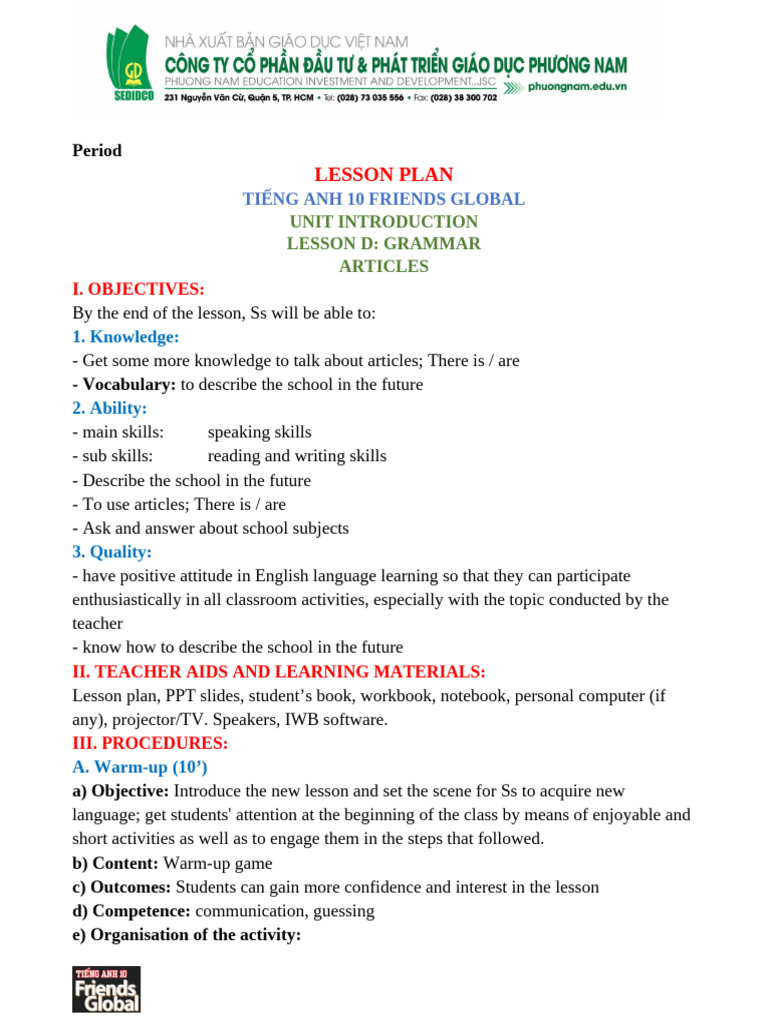 English Lesson Plan: Articles & Future School | PDF | Lesson Plan ...