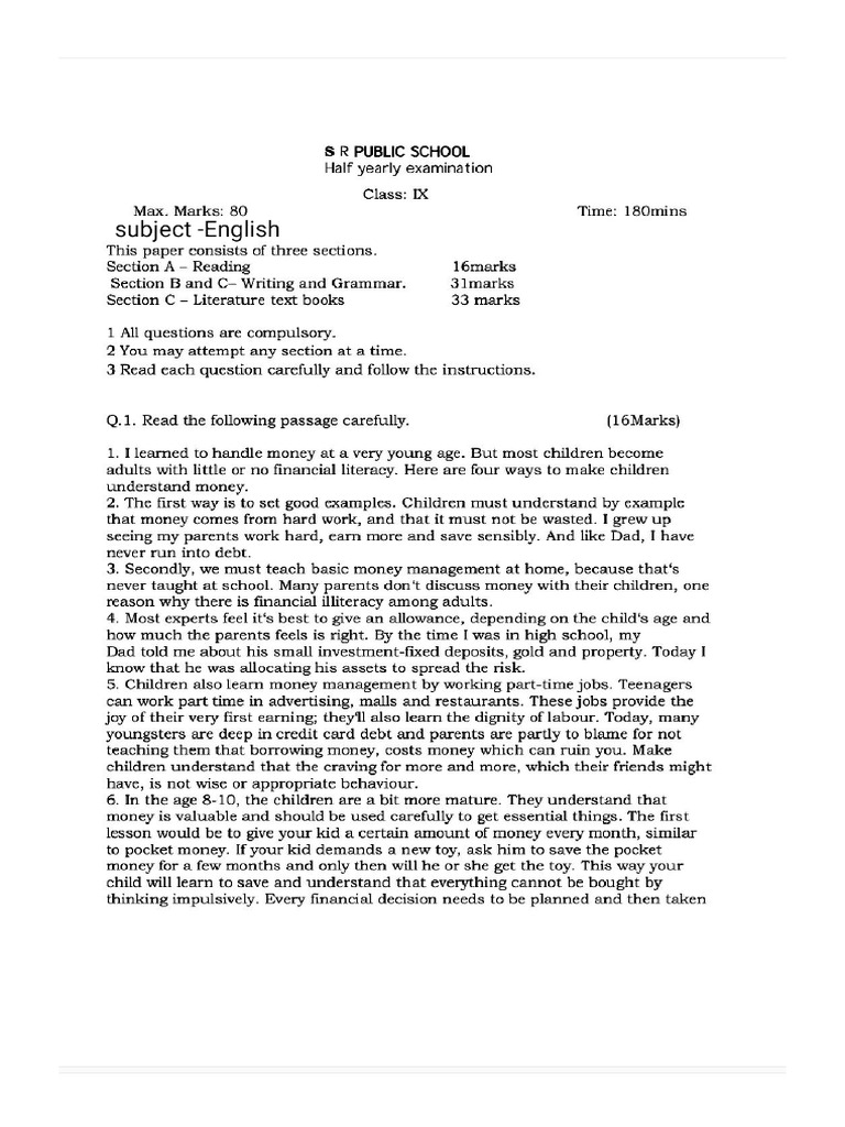 Class 9 English Question Paper | PDF