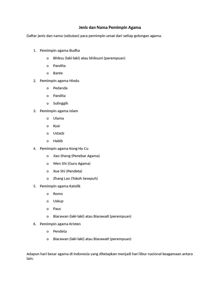 Nama Pemimpin Agama di Indonesia | PDF