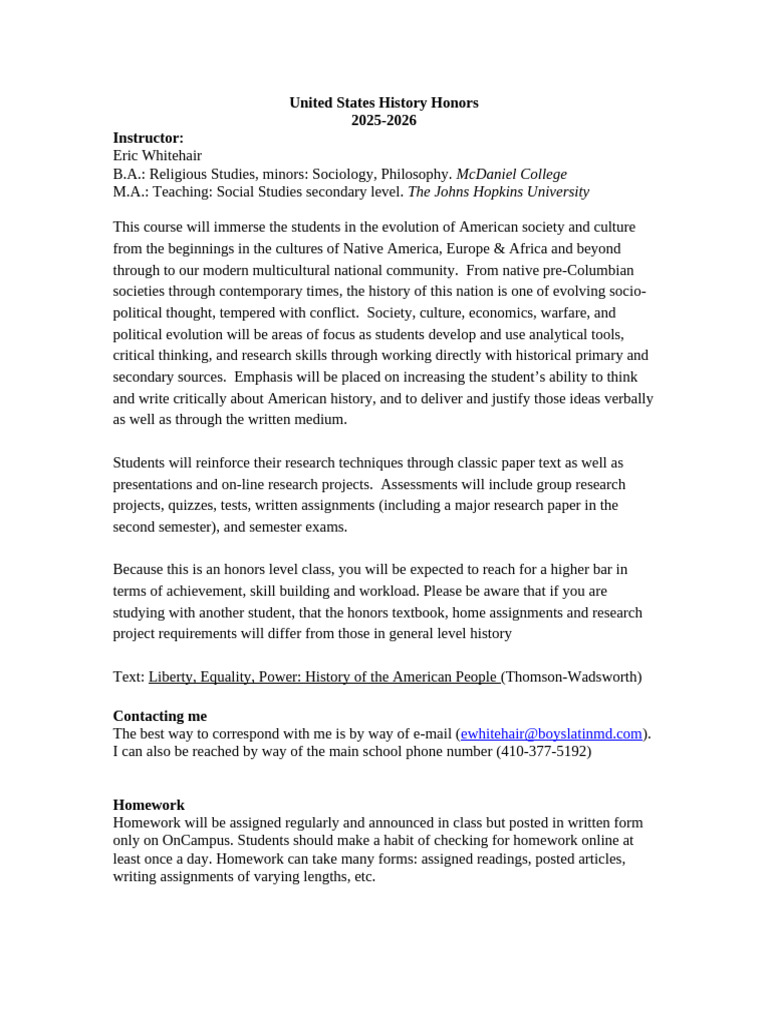 Honors U.S. History Course Overview | PDF | Homework | Liberal Arts ...