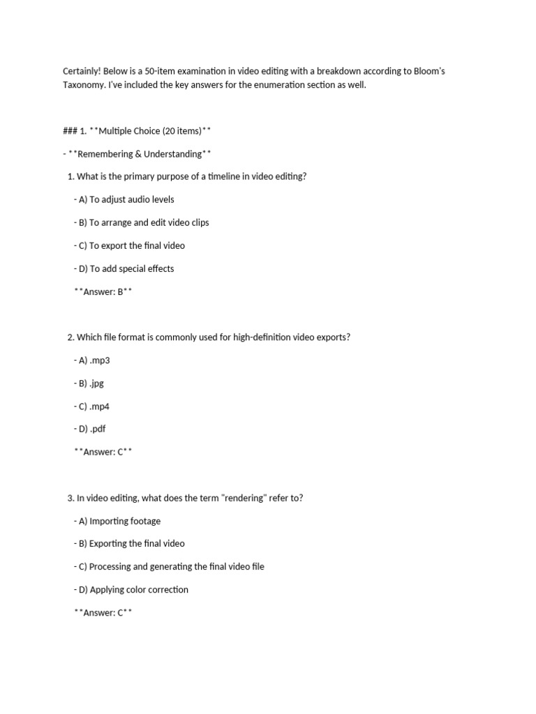 Video Editing Exam Q&A Guide | PDF | Video | Animation
