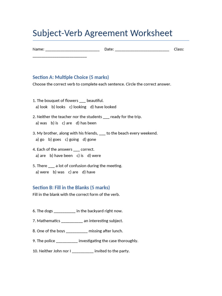Subject Verb Agreement Questions | PDF
