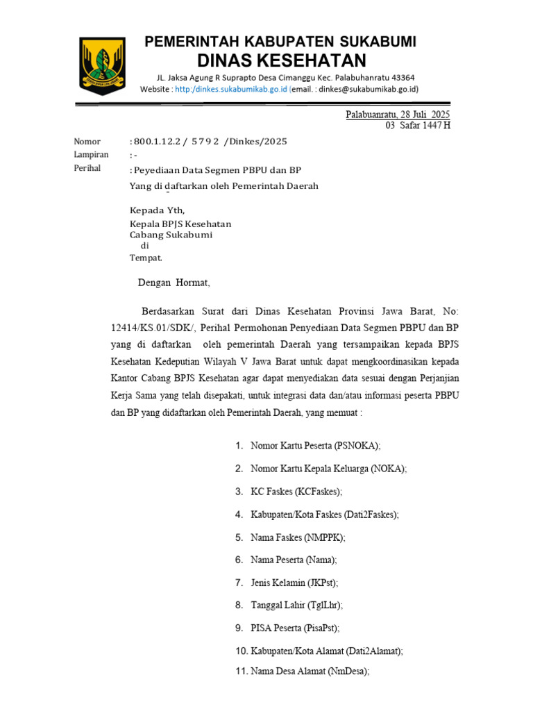 Permohonan Data PBPU dan BP BPJS Sukabumi | PDF