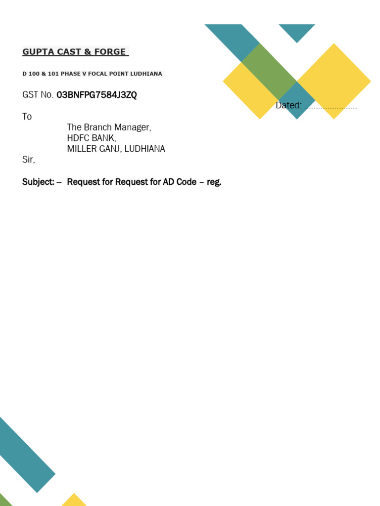 Ad Code Letter For Bank | PDF