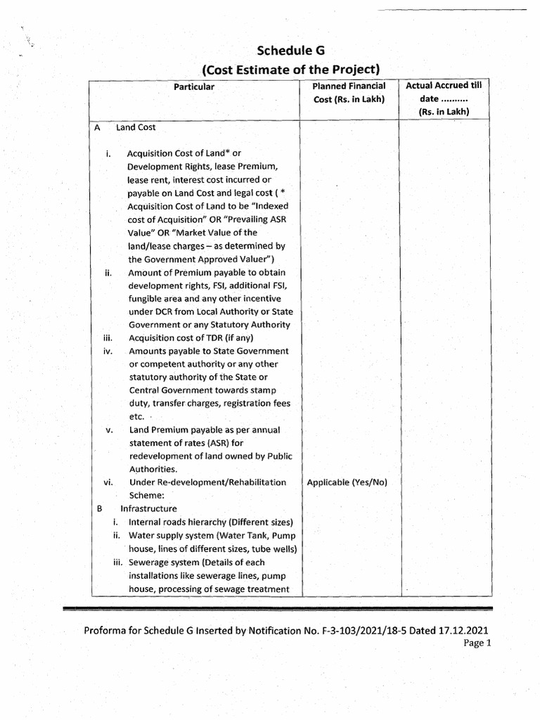 Schedule G - For Cost Estimate in Respect of New Projects | PDF
