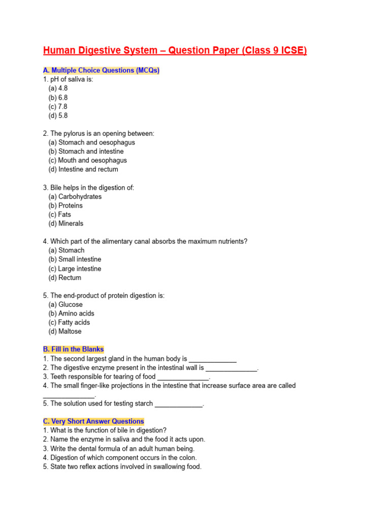 Class 9 ICSE Digestive System Quiz | PDF | Digestion | Human Digestive ...