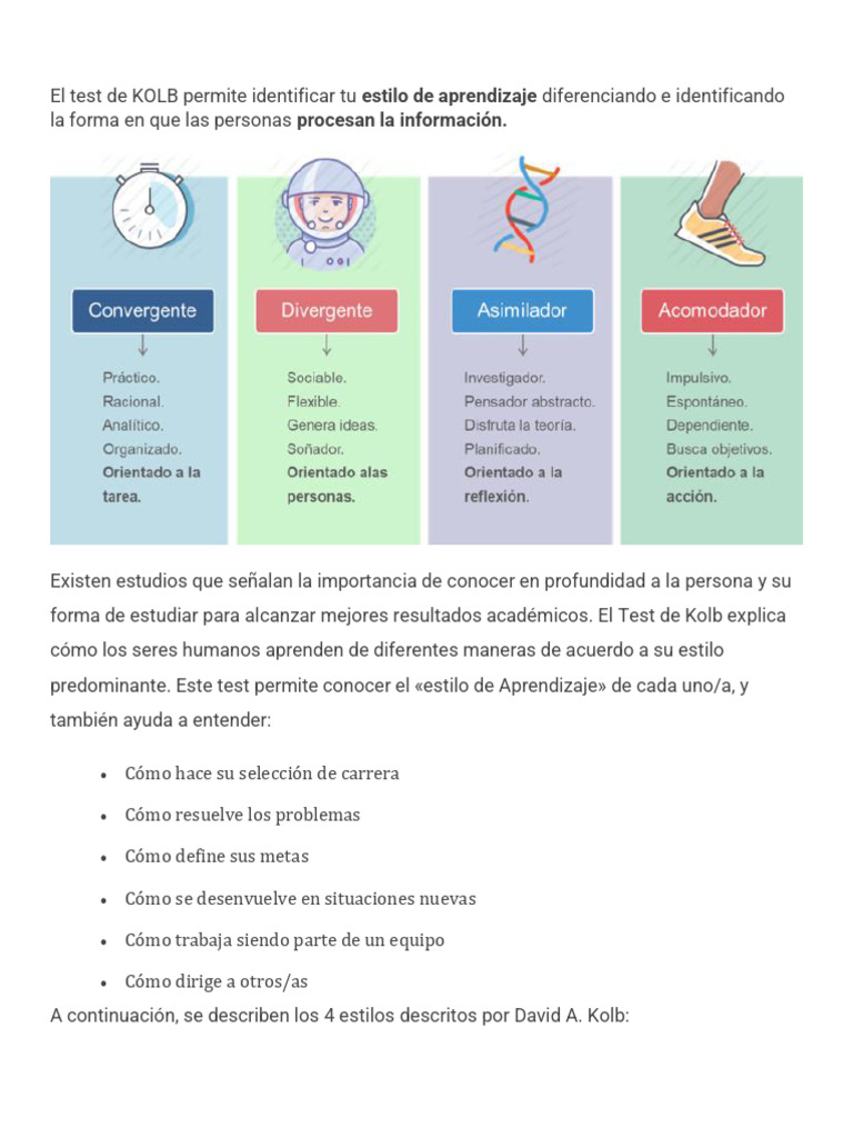 Test de Kolb: Estilos de Aprendizaje | PDF | Aprendizaje | Aprendiendo ...