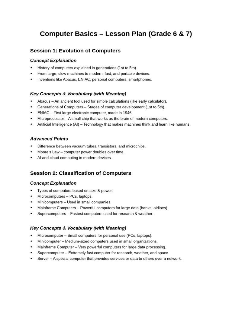 Computer Basics Lesson Plan for Grades 6-7 | PDF | Computer Data ...