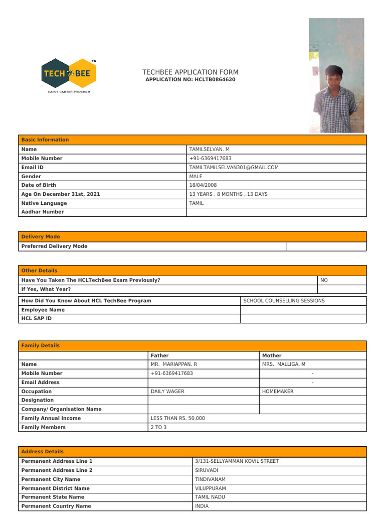 HCL TechBee Application Form Details | PDF