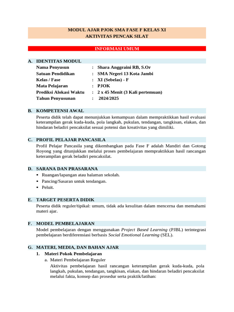 Modul Ajar Pjok Sma Fase f Kelas Xi (Pencak Silat) | PDF