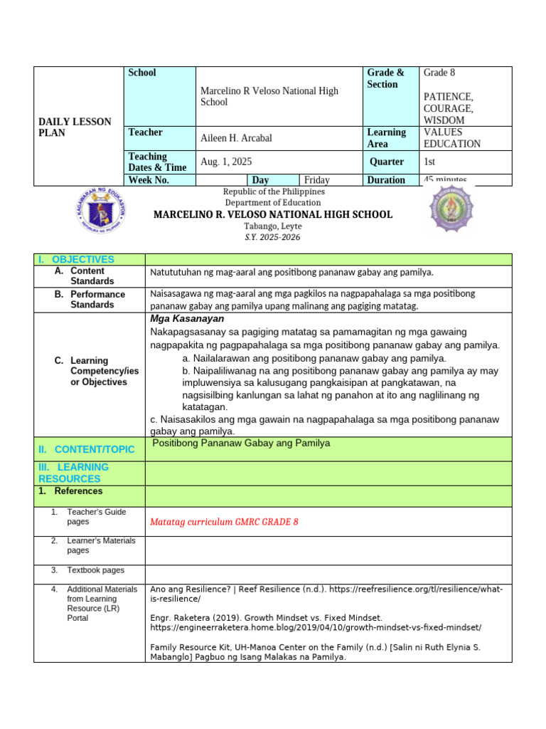 LP VAL - Ed Matatag Grade 8 | PDF