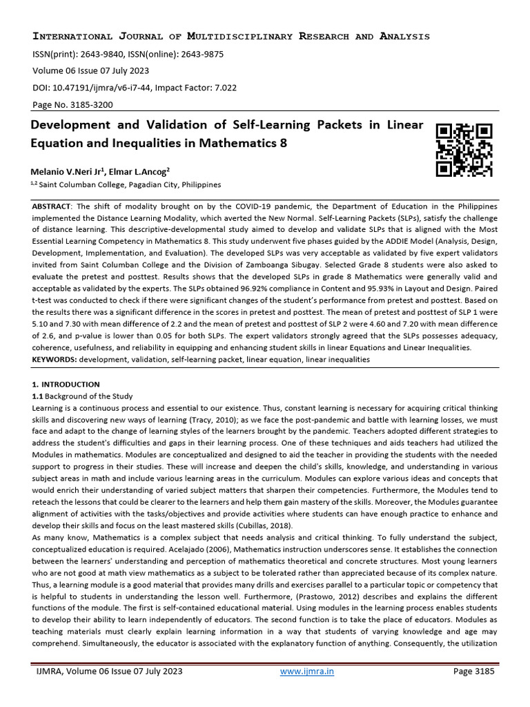 Validating Self-Learning Packets for Math 8 | PDF | Learning ...