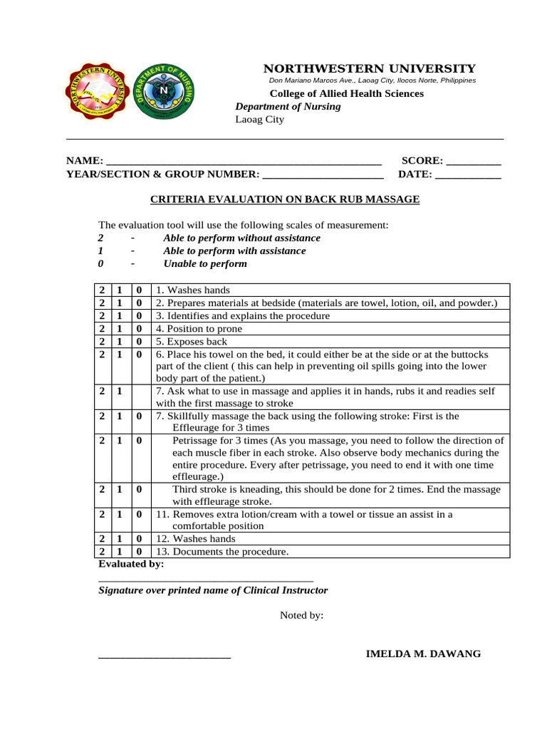 Criteria Evaluation On Back Rub Massage | PDF | Massage | Medicine