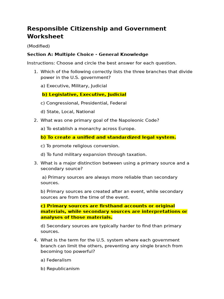 Responsible Citizenship and Government Worksheet | PDF | Citizenship ...