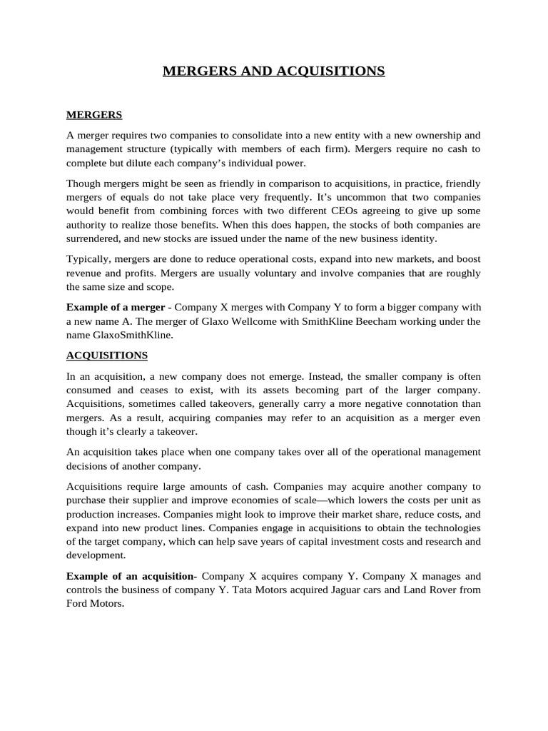 Mergers vs Acquisitions Explained | PDF | Mergers And Acquisitions ...