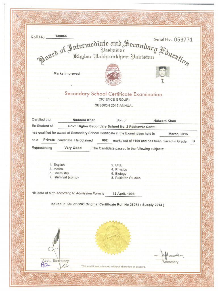Matriculation Certificate | PDF