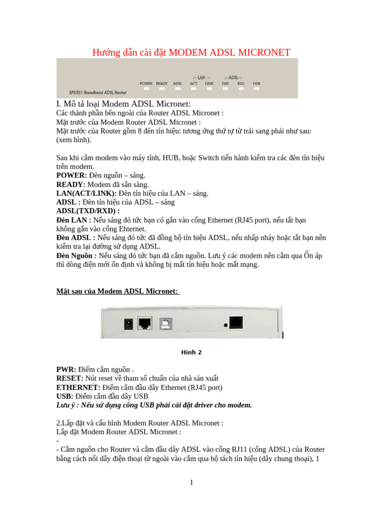Huong Dan Cac Loai Modem Adsl Micronet | PDF