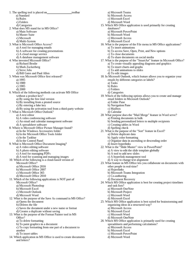 Microsoft Office Quiz: Key Features & Functions | PDF | Microsoft ...