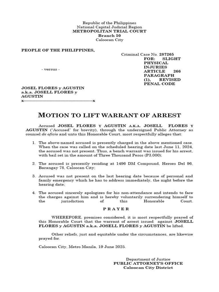 Motion To Lift Warrant | PDF | Separation Of Powers | Criminal Law