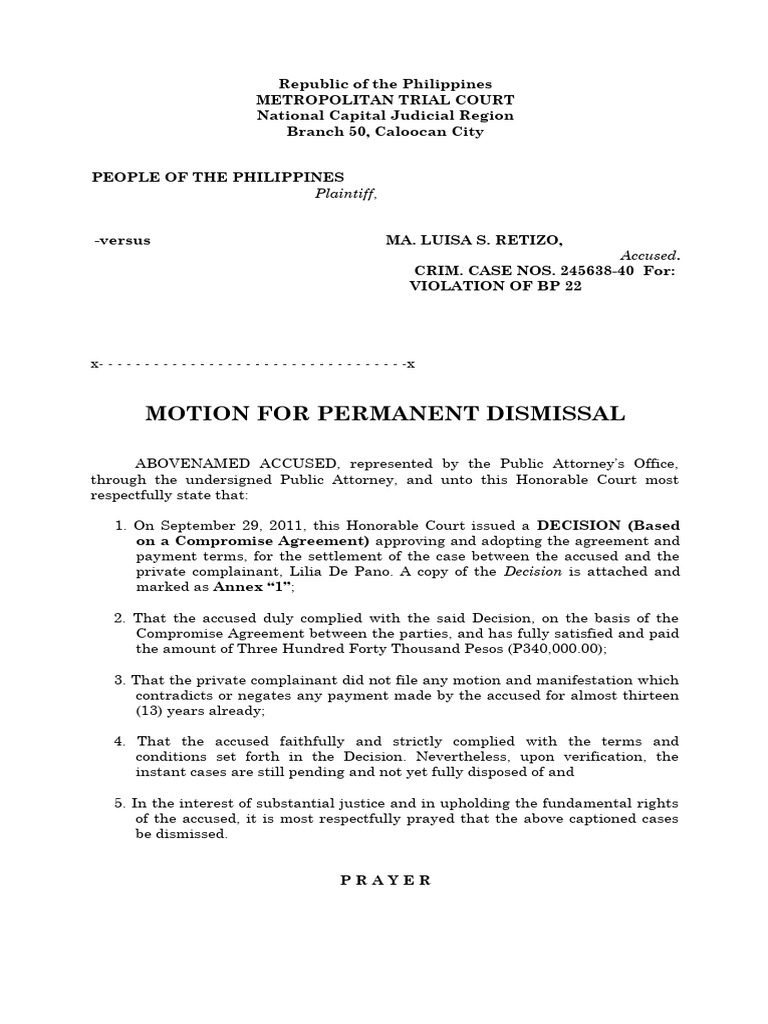 Motion For Permanent Dismissal | PDF | Judiciaries | Public Law