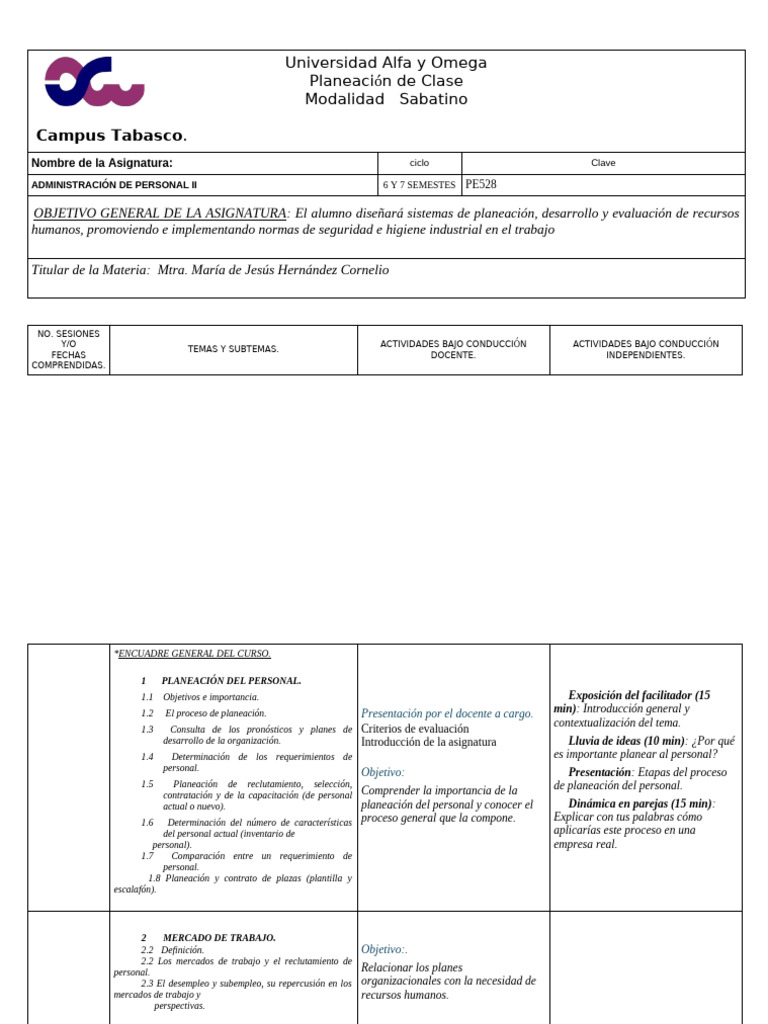 Planeación de Clase: Administración de Personal II | PDF ...