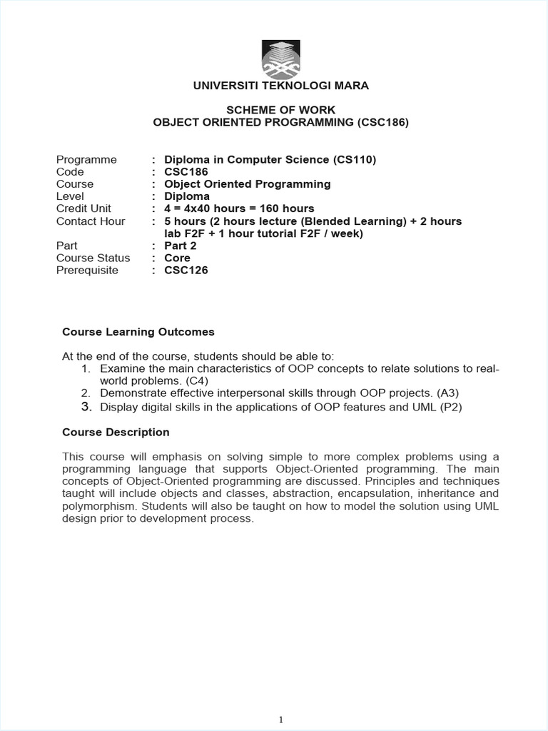 CSC186 Scheme of Work | PDF | Class (Computer Programming) | Method ...