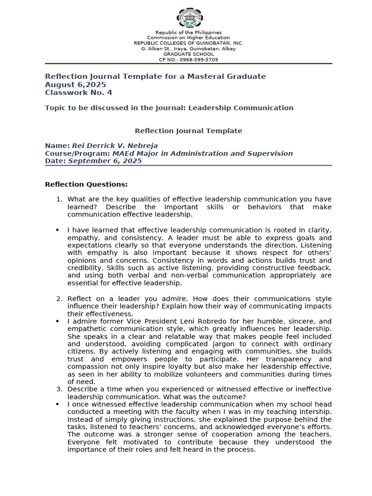 EDUC 212 2025 Classwork 4 Reflection Journal | PDF | Communication ...