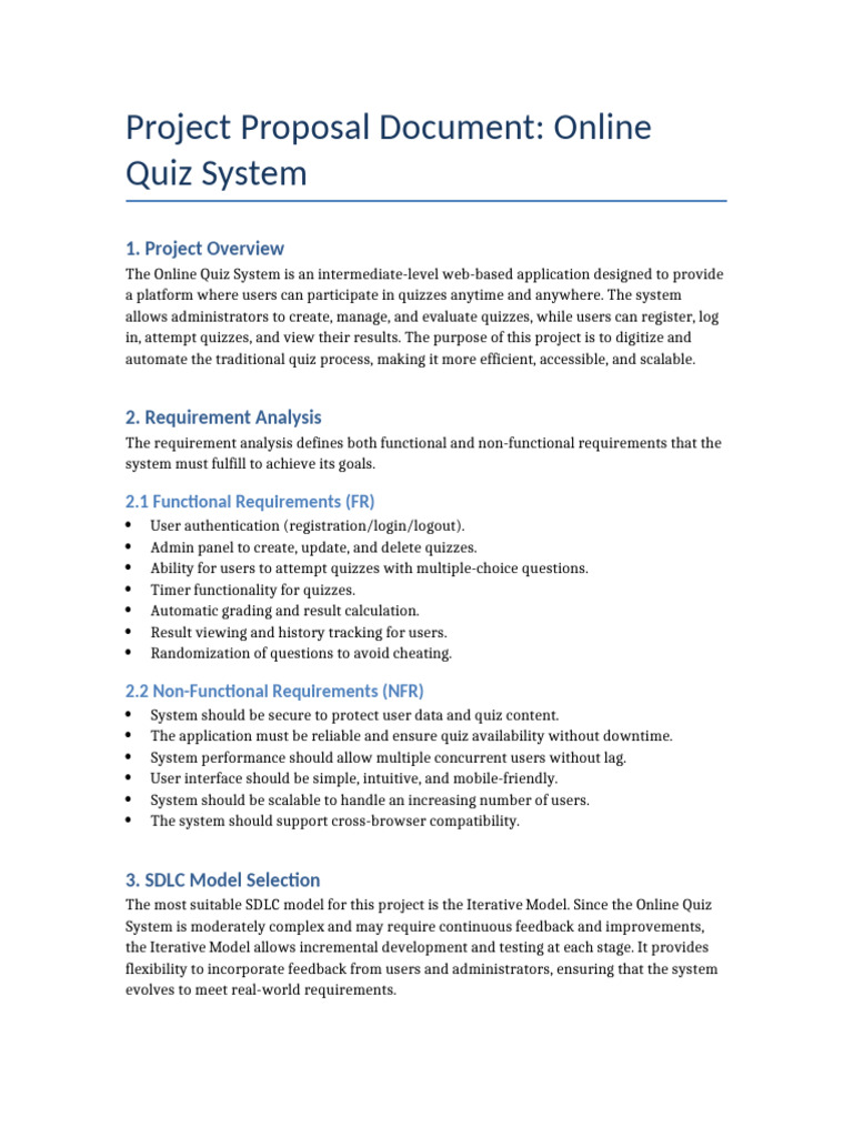 Online Quiz System Project Proposal | PDF | Software Development ...