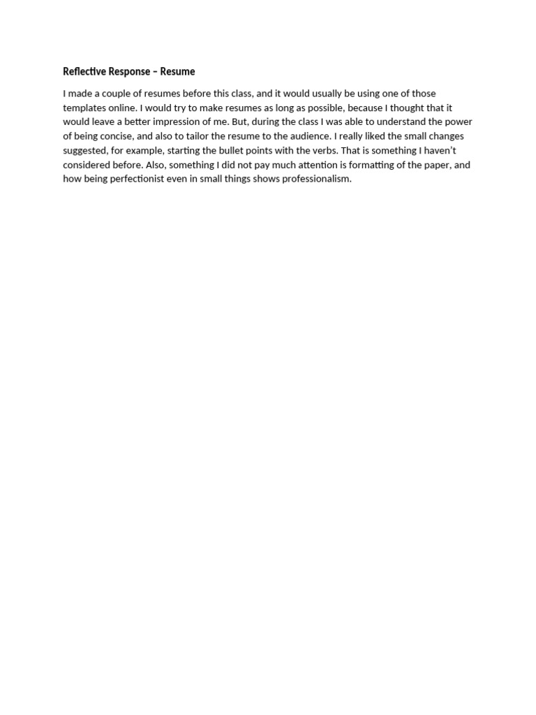 Reflective Response - Resume | PDF