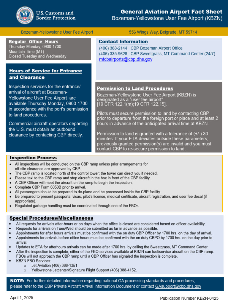 KBZN Ga Airport Fact Sheet 20250401 | PDF | U.S. Customs And Border ...