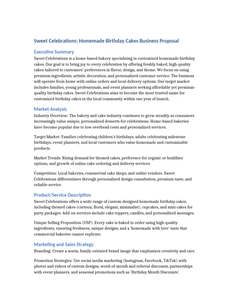 Sweet Celebrations Business Proposal | PDF | Cakes | Bakery