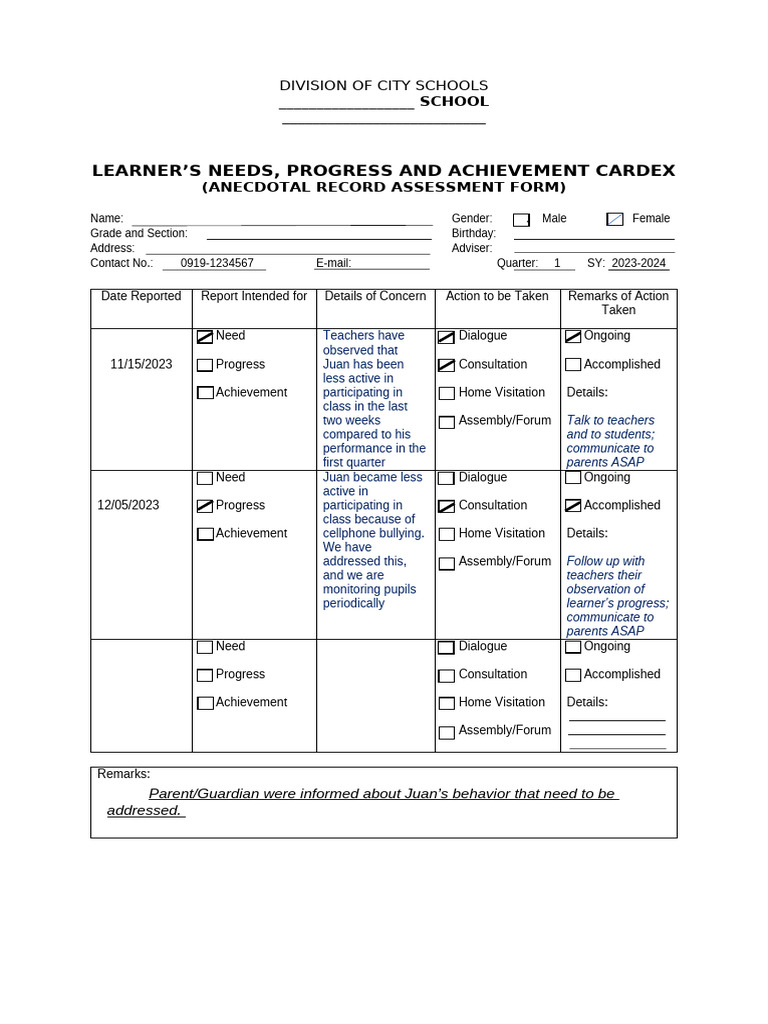Anecdotal Record Assessment Form | PDF | Social Psychology