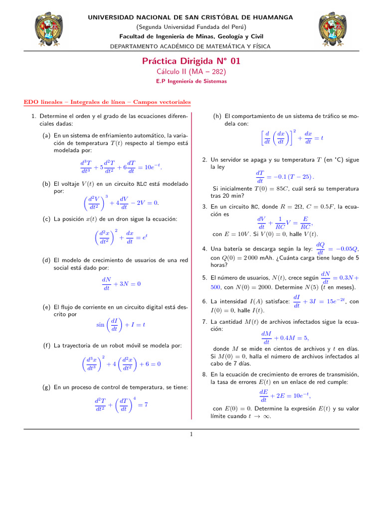 Práctica Dirigida 01 Cálculo II MA-282 Ing Sistemas 05 Oct 2025 | PDF ...