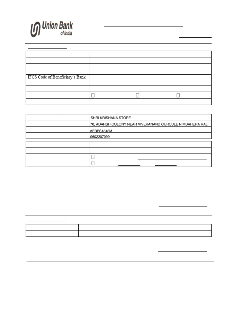 Union Bank of India RTGS Form UBI NEFT Form PDF | PDF