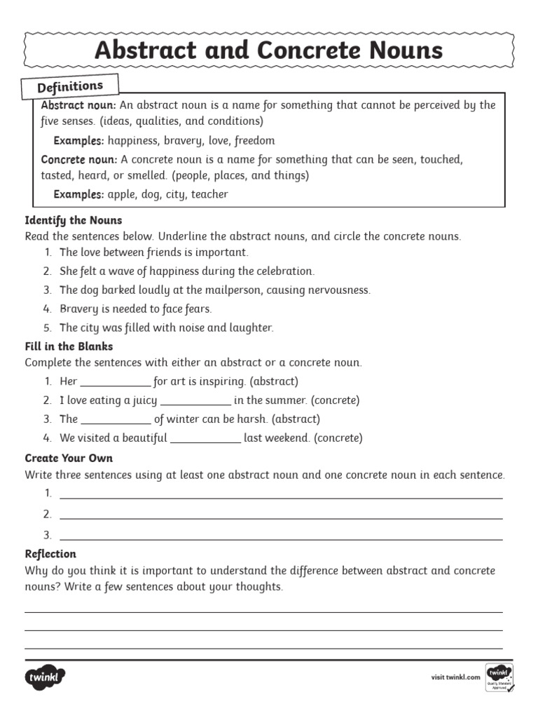Abstract and Concrete Nouns Worksheet | PDF