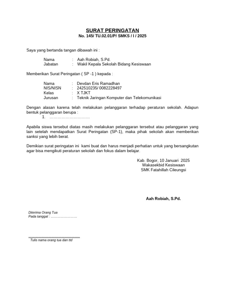 Format Surat Peringatan 1 | PDF