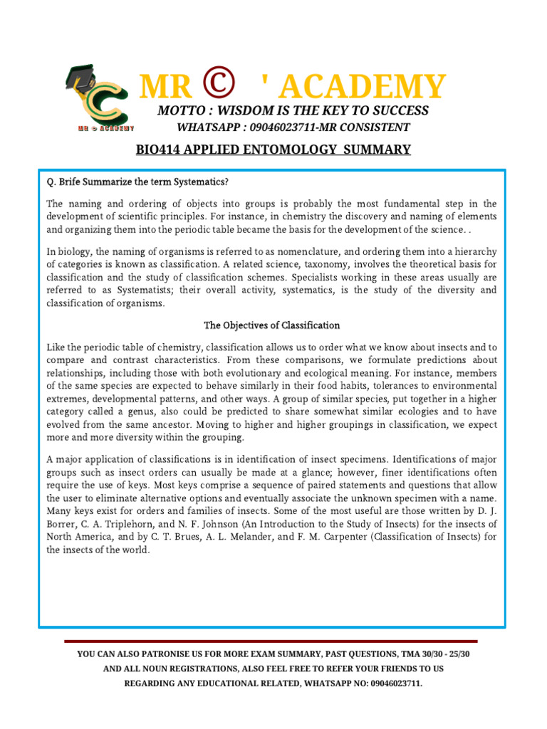 Bio414 Applied Entomology Summary MR © ' Academy 09046023711 | PDF ...