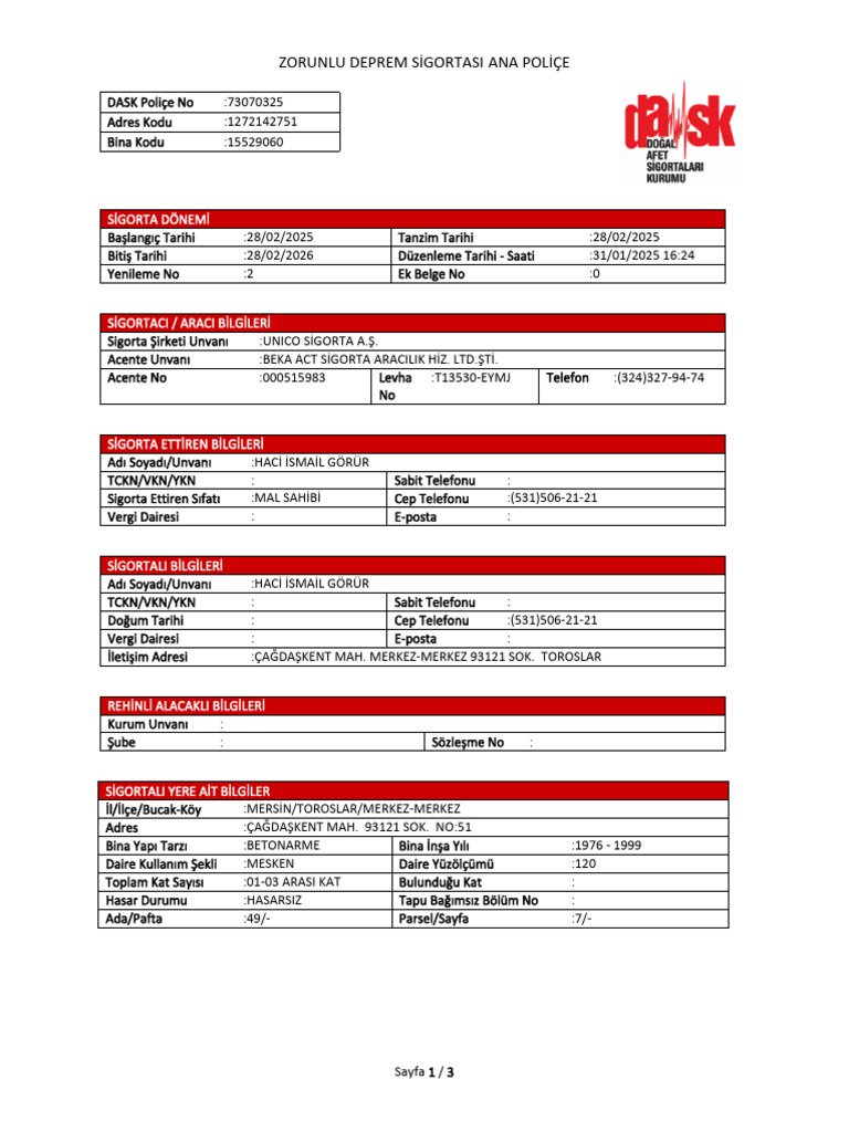 DASK 2025 Mersin Toroslar | PDF