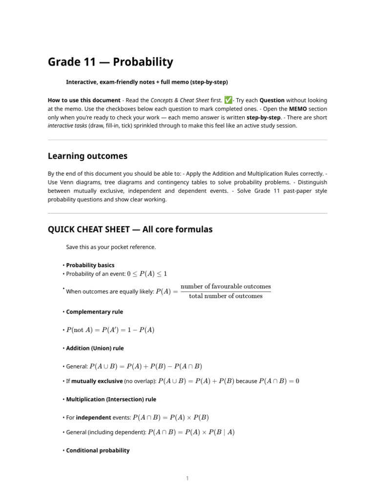 Grade 11 Probability - Interactive Notes & Memo | PDF | Probability ...