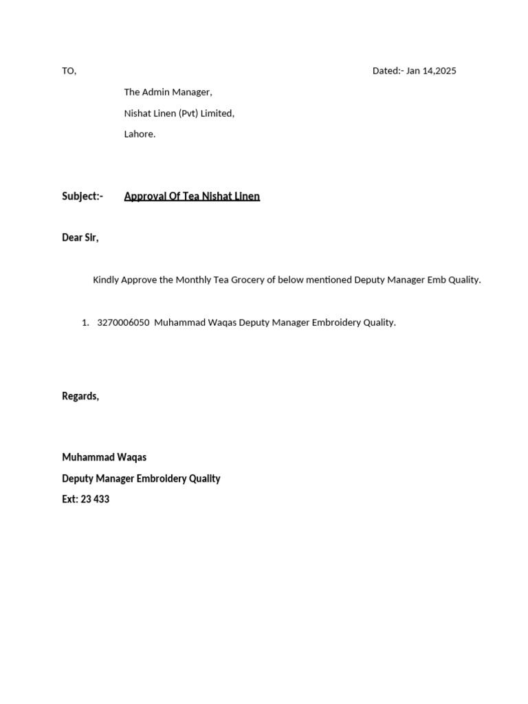 Subject:-Approval of Tea Nishat Linen: TO, Dated: - Jan 14,2025 The ...