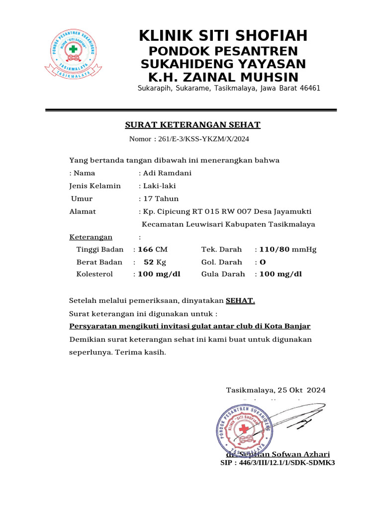 Surat Keterangan Sehat Gulat Adi Ramdani | PDF