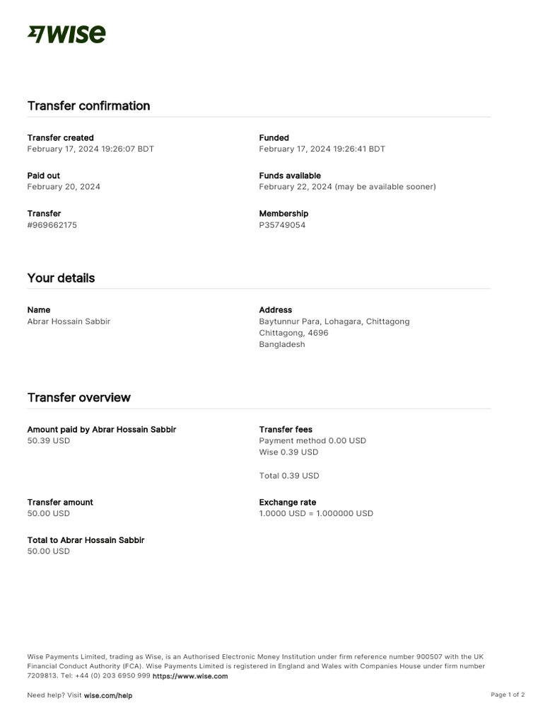 Wise Transfer Confirmation for Abrar Hossain | PDF | Money | Banking