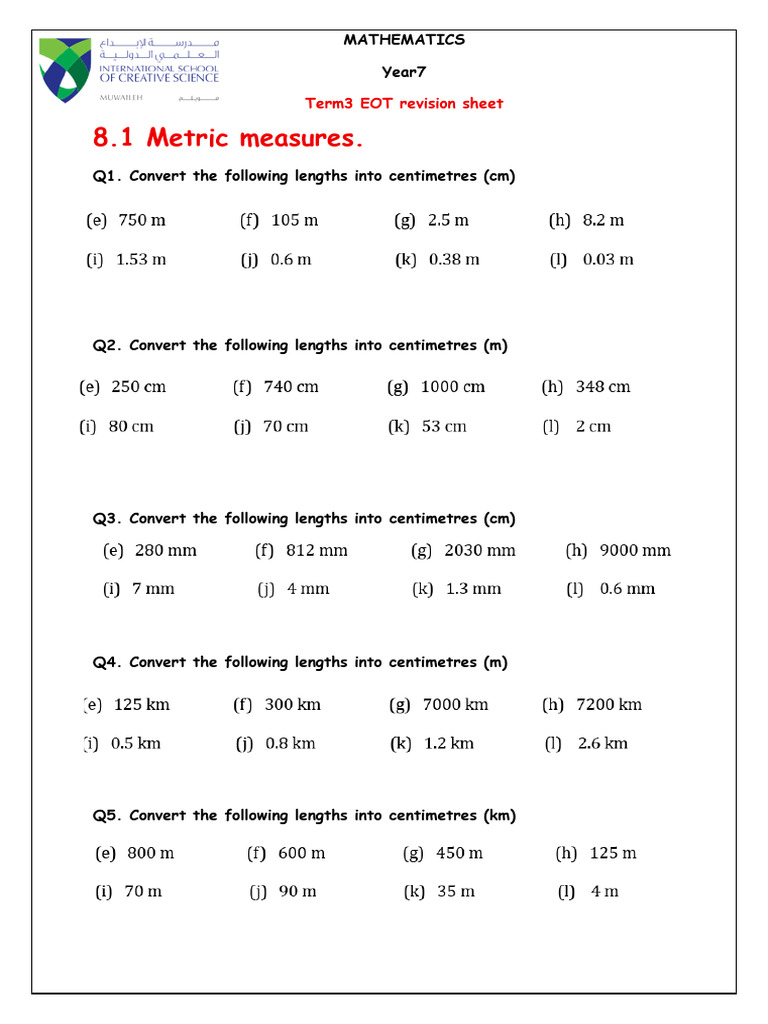 Y7 Unit#8 Revision Sheet | PDF