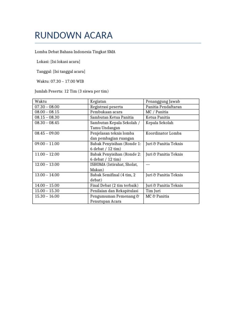 Rundown Lomba Debat SMA | PDF